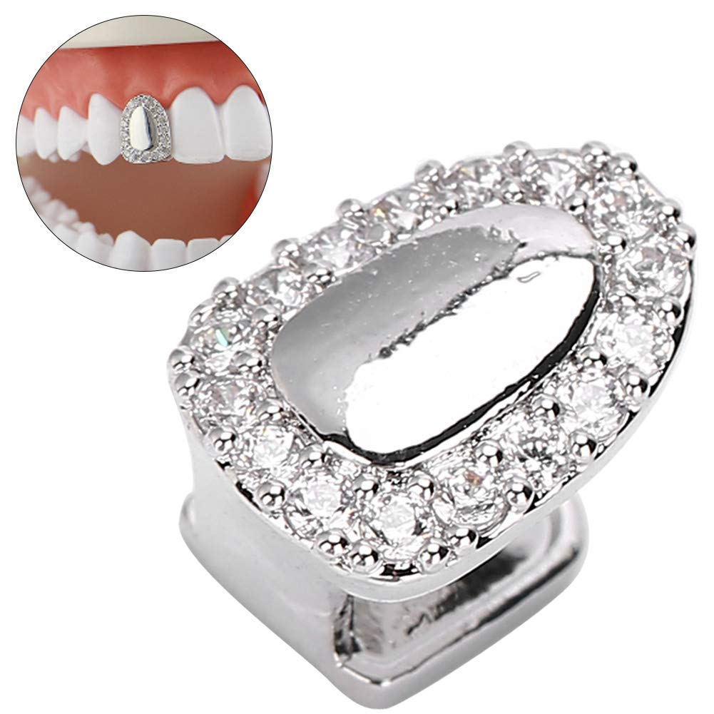 ZJchao Single Tooth Grillz, Hip Hop Teeth Decoration, Single Tooth Gorgeous Teeth Accessory Decoration for Halloween Party Hip Hop Show(Single silver door)