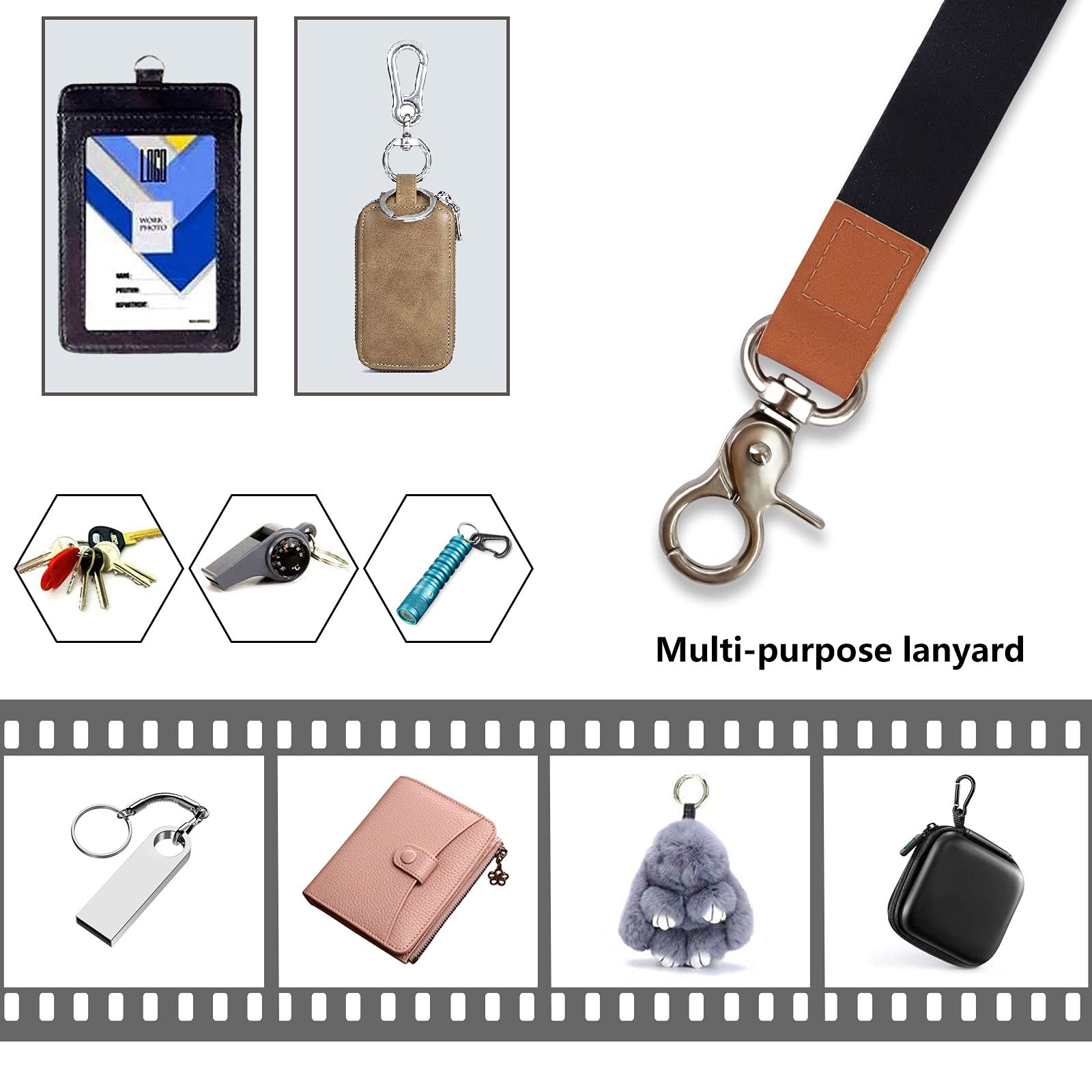 HONZUEN Long Neck Lanyard Leather Keychains with Metal Clasp, Sturdy Durable Women Men Id Badge Lanyard, Neck Lanyard Strap Ideal for Car Keys, Card Holder, Whistle, Keychain, Wallet
