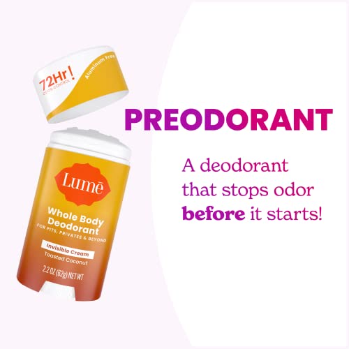 Lume Whole Body Deodorant - Invisible Cream Stick - 72 Hour Odor Control - Aluminum Free, Baking Soda Free, Skin Safe - 2.2 ounce (Toasted Coconut)