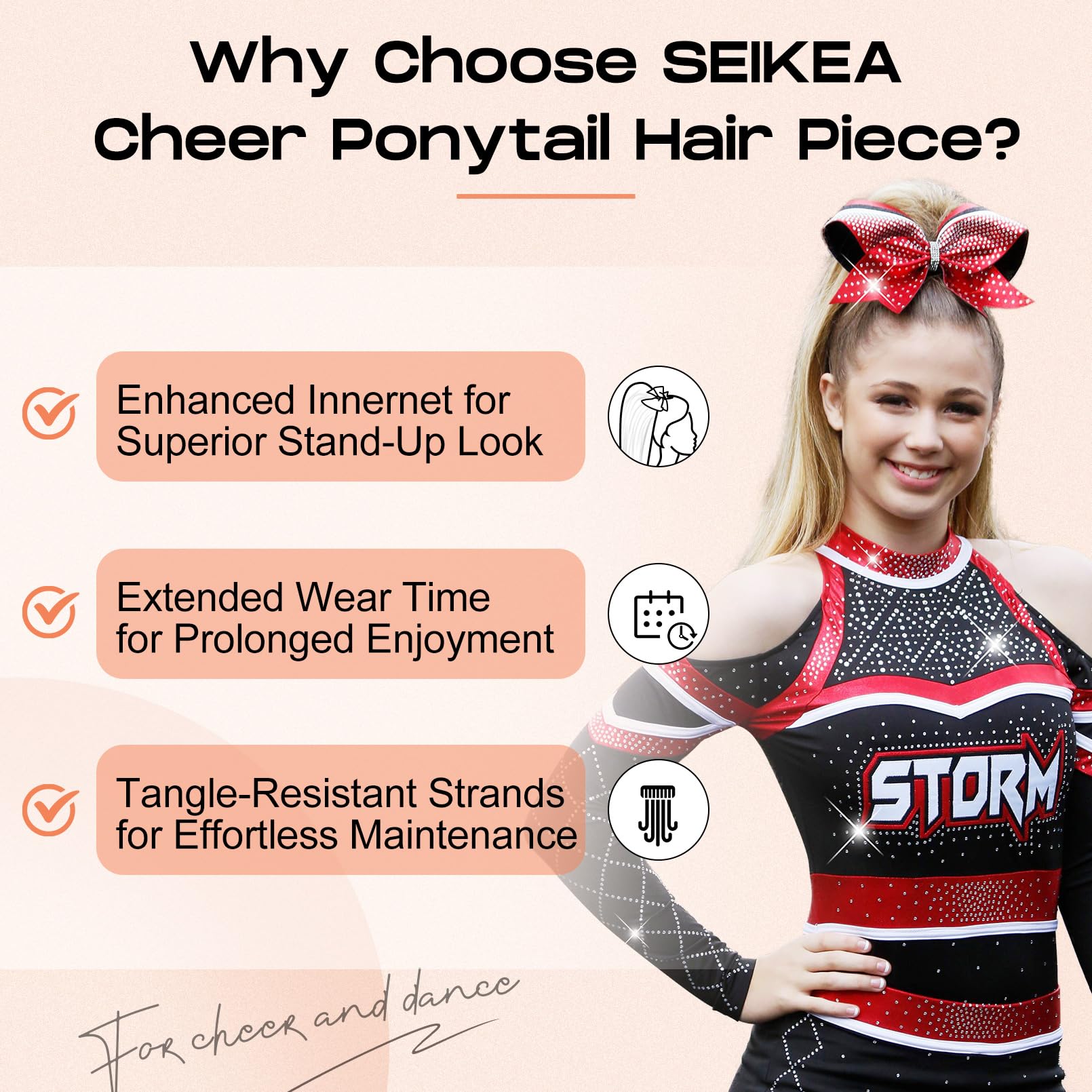 SEIKEA Cheer Ponytail Hair Piece, 16" Champagne Blonde Straight Cheerleader Hairpiece Ponytail Extension for Cheerleader Competition, Dance