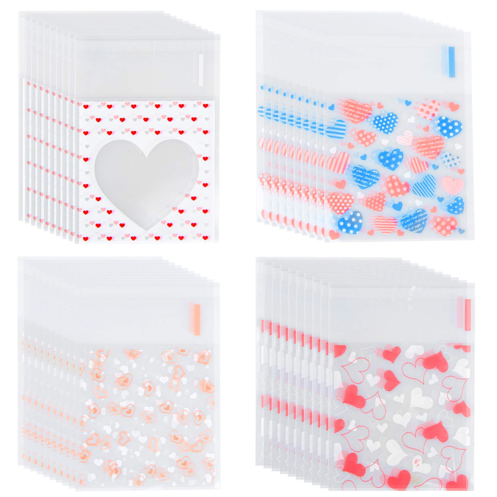 400PCS Valentine Cellophane Bags Love Heart Printed Self Adhesive Cookie Treat Bags Gift Bags for Valentine's Day Party Supplies 4 Styles Valentine's Day Mother's Day