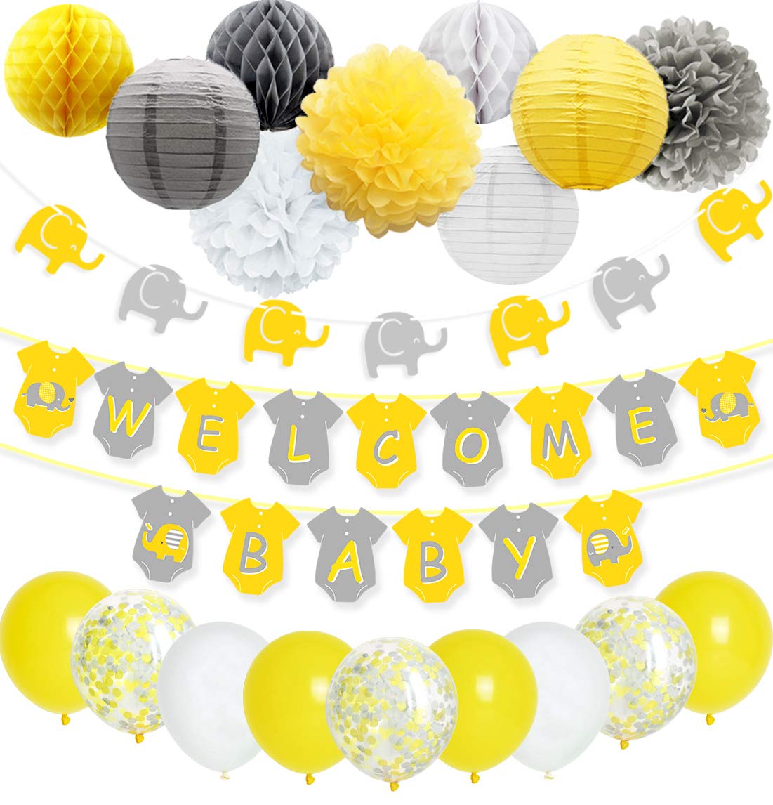 JOYMEMO Yellow Grey Elephant Baby Shower Decorations Neutral for Boy or Girl, Welcome Baby Banner Elephant Garland Confetti Balloons for Gender Neutral Baby Decor