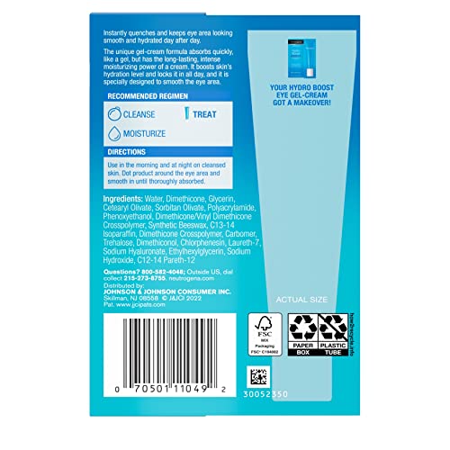 Neutrogena Hydro Boost Eye Cream, Under-Eye Moisturizer with Hyaluronic Acid, Fragrance Free and Non-Comedogenic, 0.5 Oz