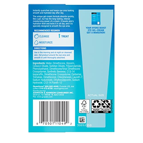 Neutrogena Hydro Boost Eye Cream, Under-Eye Moisturizer with Hyaluronic Acid, Fragrance Free and Non-Comedogenic, 0.5 Oz
