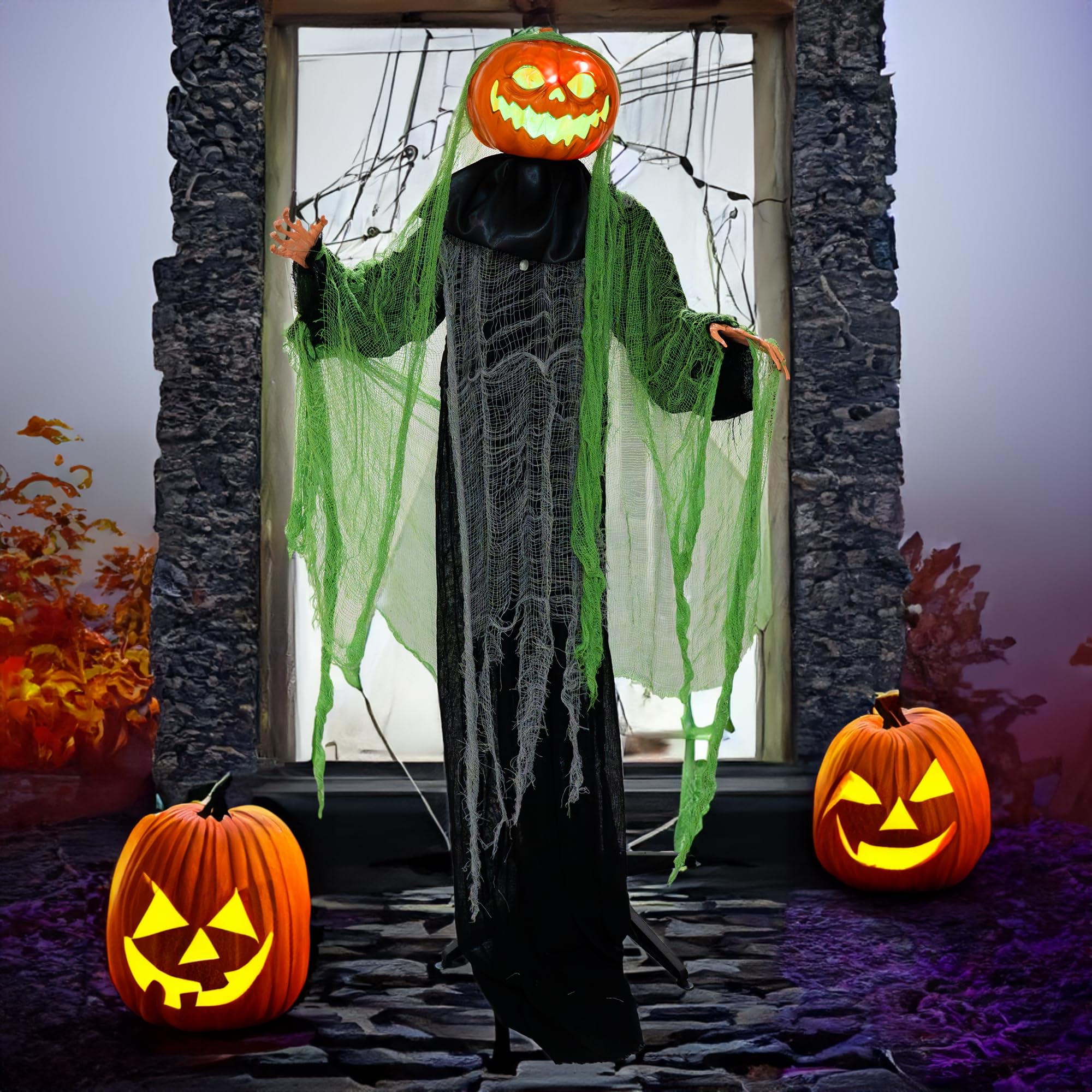 Hourleey Halloween Decorations Outdoor, 6 FT Light Up Ghost Pumpkin with Sound Activation, Animated Pumpkin Decorations for Yard Party Porch Haunted House Prop Decor