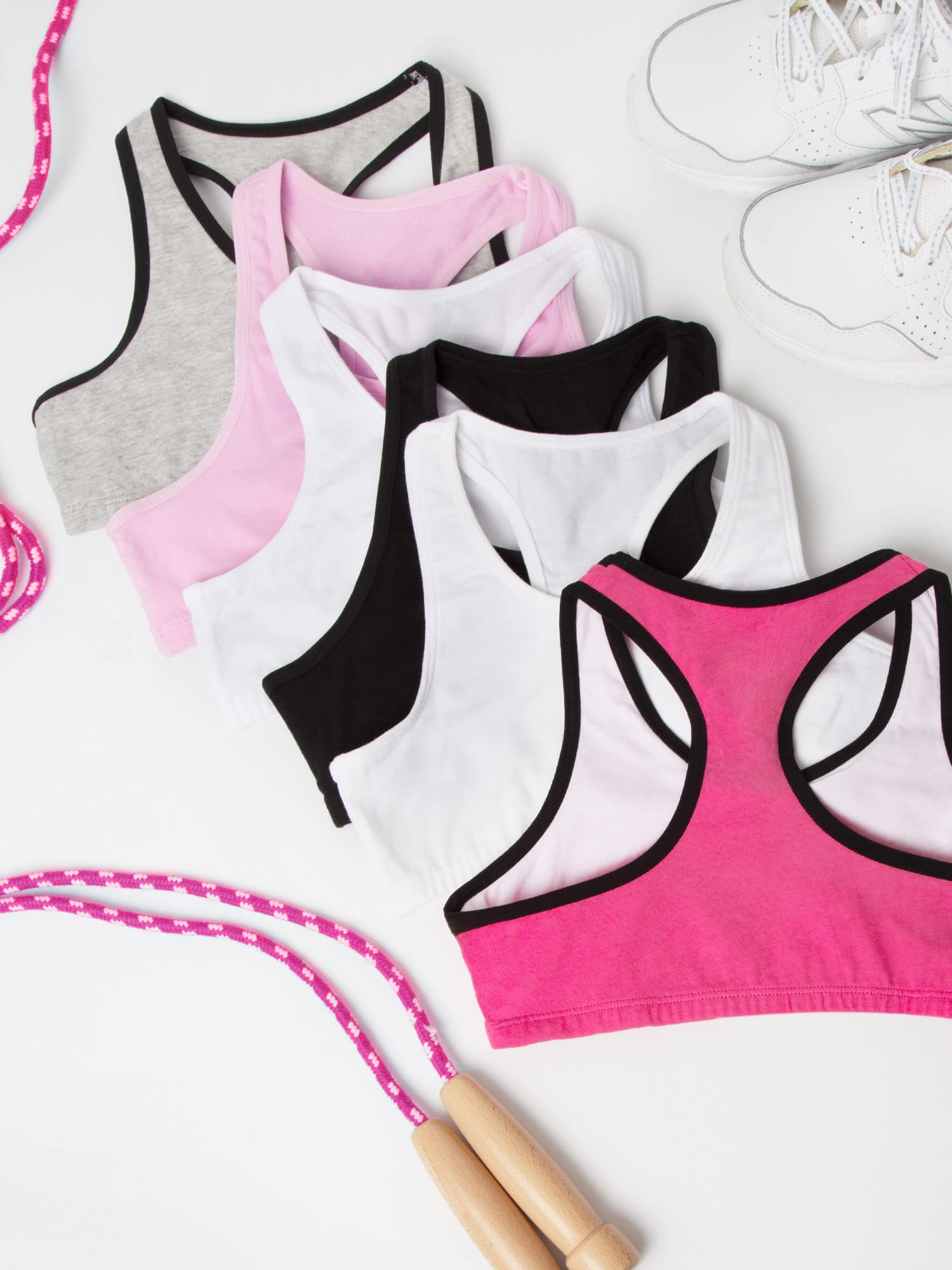 Fruit of the Loom Girls' Cotton Built-up Stretch Sports Bra, Passion Fruit with Black/White/Black, 32