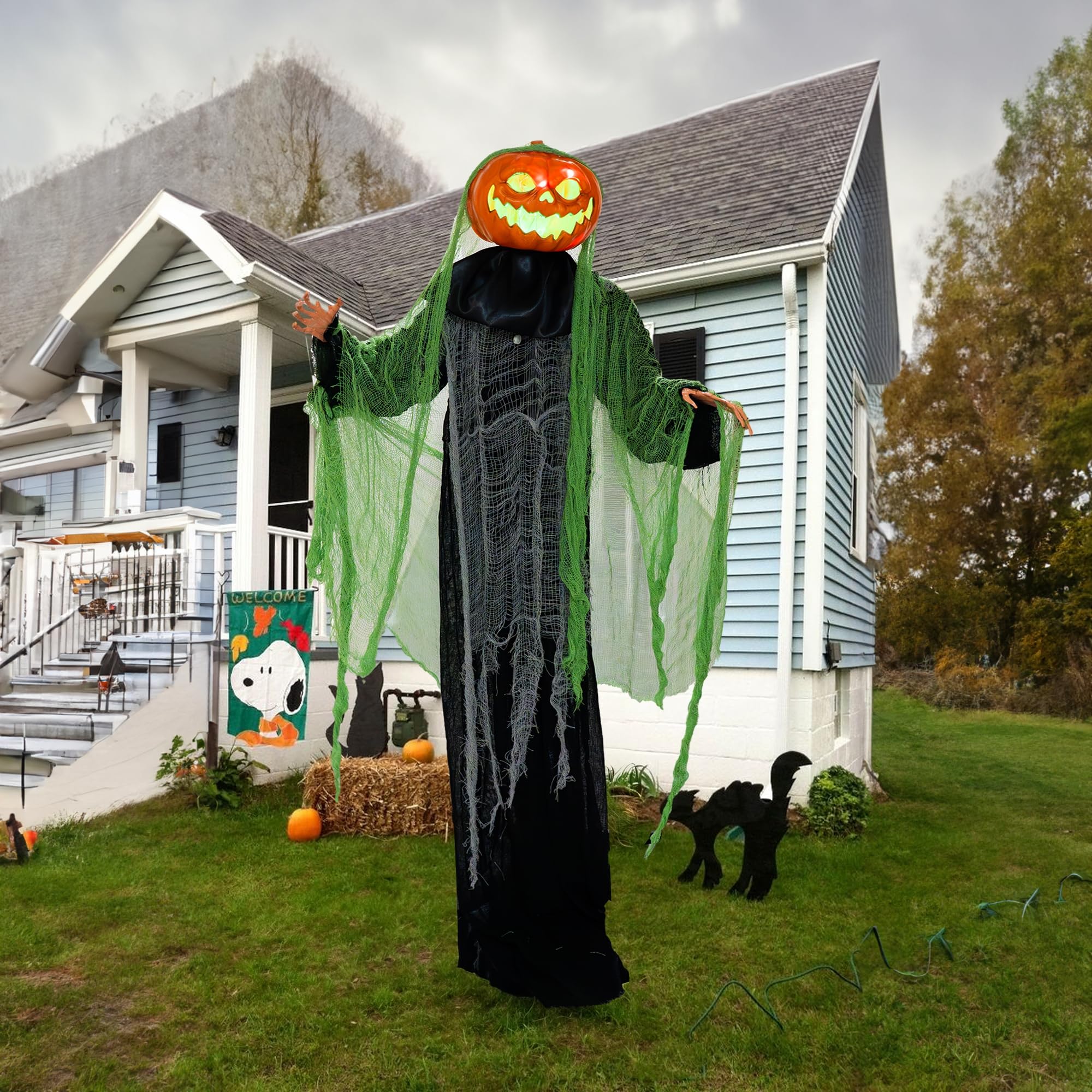Hourleey Halloween Decorations Outdoor, 6 FT Light Up Ghost Pumpkin with Sound Activation, Animated Pumpkin Decorations for Yard Party Porch Haunted House Prop Decor