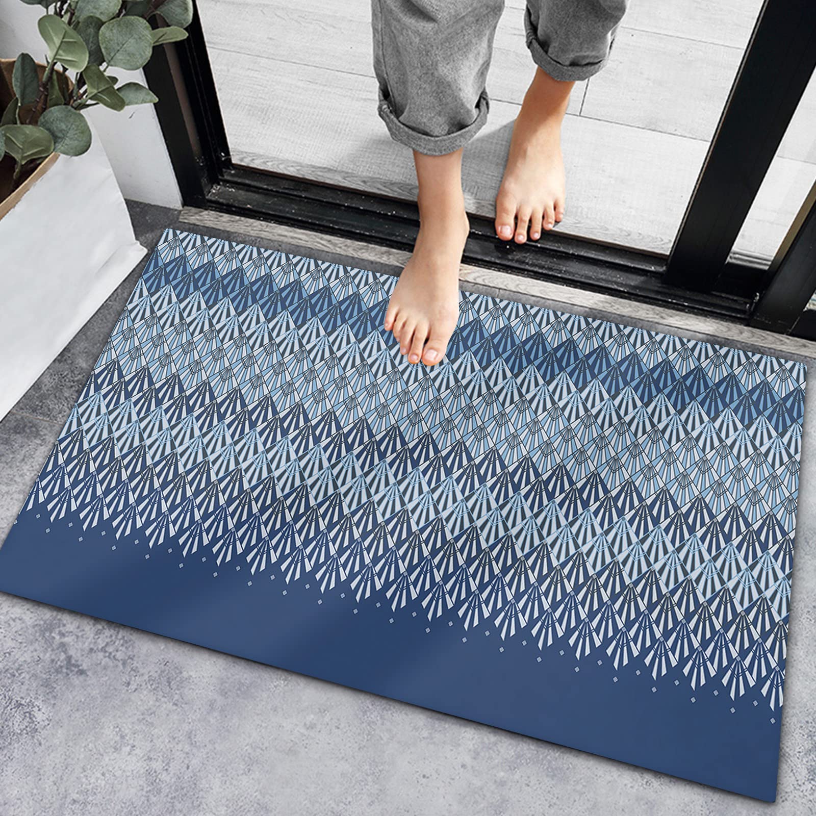 Bath Rugs Entrance Non Slip Front Door Mat Blue Gradient Diamond Seamless Kitchen Carpets Modern Geometric Abstract Texture Floor Mats for Bathroom Bedroom 18"x30"