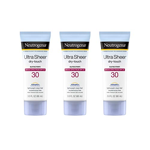 Neutrogena Ultra Sheer Dry-Touch Sunscreen Lotion, Broad Spectrum SPF 30 UVA/UVB Protection, Oxybenzone-Free, Water Resistant, Non-Comedogenic, Non-Greasy, Travel Size, 3 Fl Oz, Pack of 3