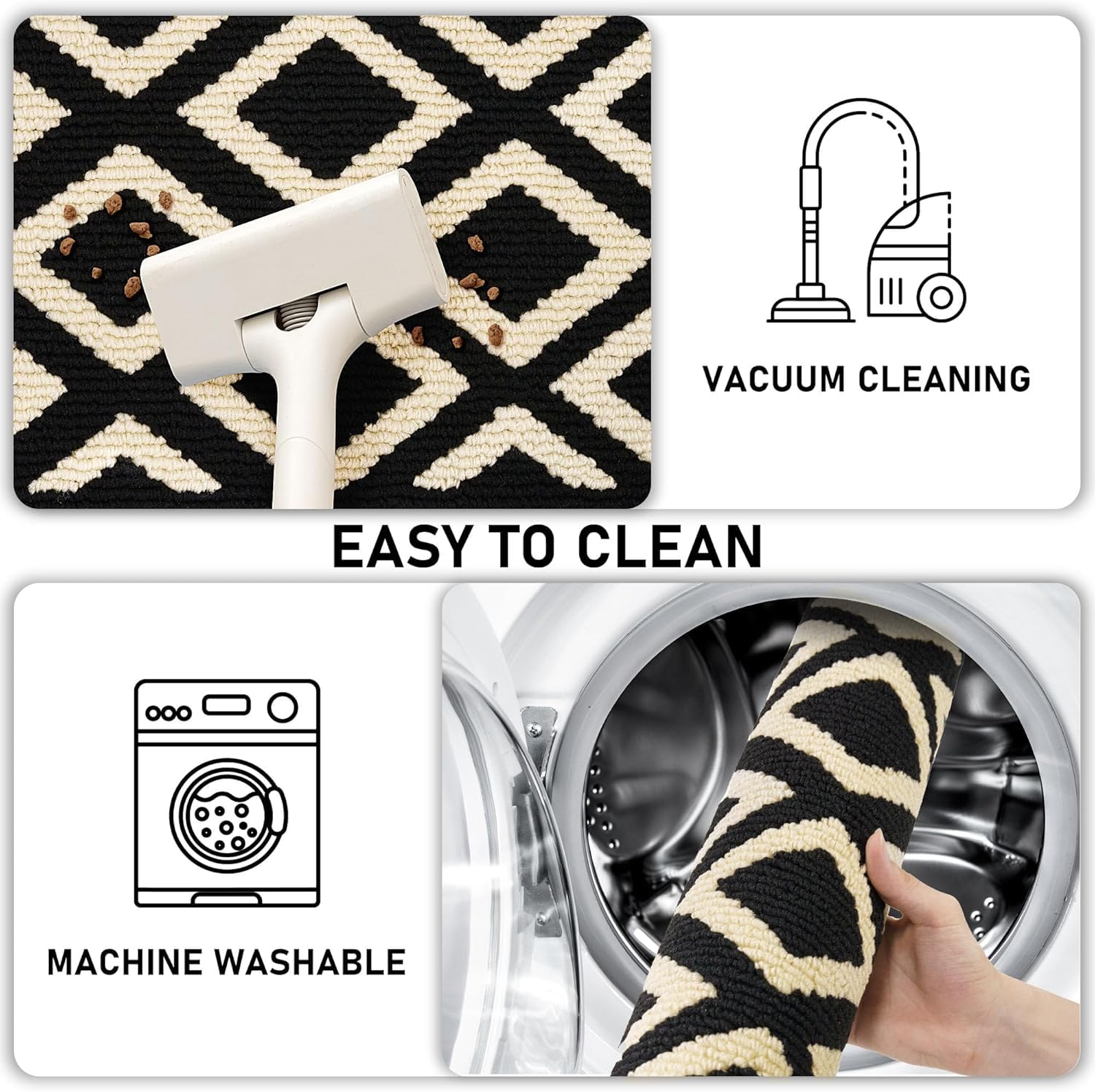 GIB Kitchen Rugs Mats for Floor Set of 2, Non Slip/Skid Kitchen Runner Rugs, Super Absorbent Machine Washable Soft Standing Mats for Kitchen Decor, Laundry & Sink, Black and Cream Diamond