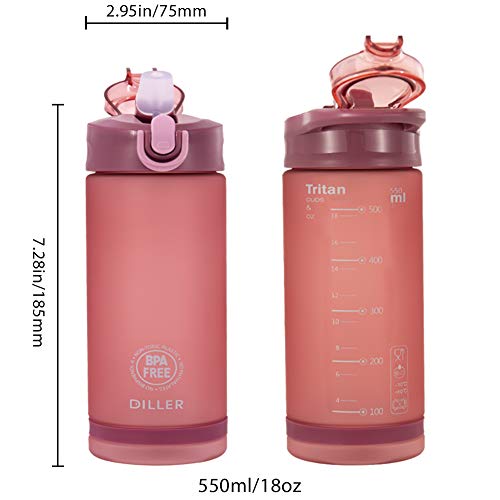 Diller Water Bottle with Straw - 18 oz BPA Free Sport Water Bottle with Flip-Flop Lid (Pink)