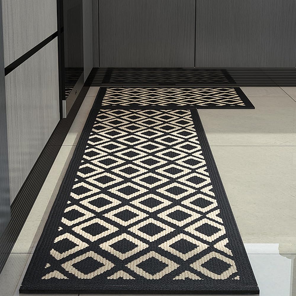 GIB Kitchen Rugs Mats for Floor Set of 2, Non Slip/Skid Kitchen Runner Rugs, Super Absorbent Machine Washable Soft Standing Mats for Kitchen Decor, Laundry & Sink, Black and Cream Diamond
