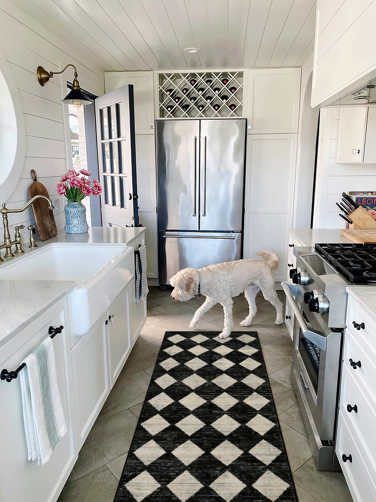 Lahome Washable Black and White Kitchen Runner Rug, 2x5 Soft Non Slip Laundry Room Rug Bathroom Runner Rugs with Rubber Backing, Moroccan Trellis Kid Pet Friendly Carpet Runner for Entryway Bedside