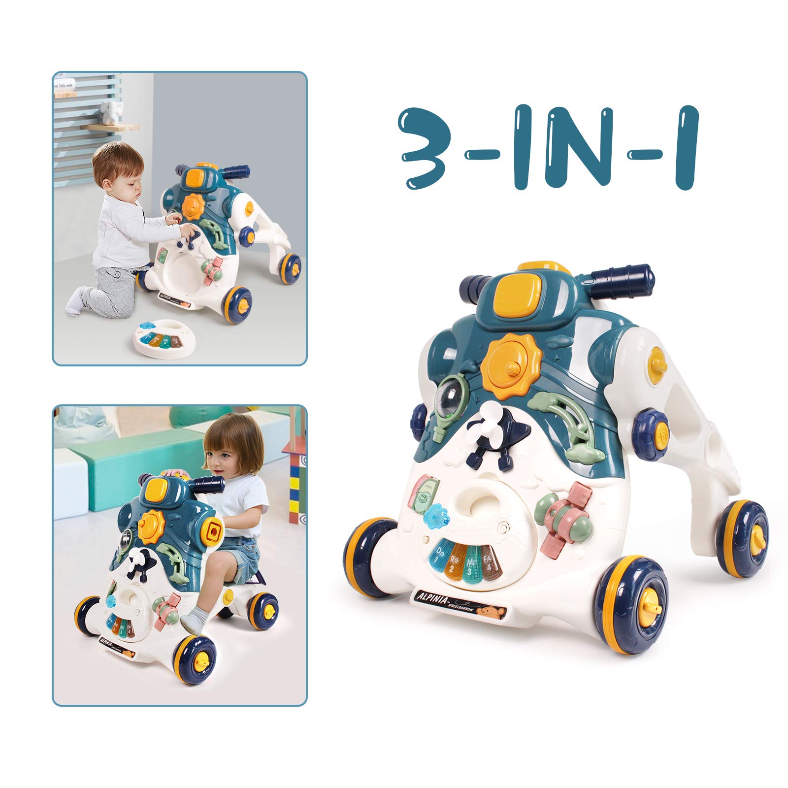 Baby Walker for Boys Girls, 3 in 1 Sit-to-Stand Learning Walker, Kids Multiple Activity Center /Lights, Music, Detachable Panel, Baby Push Walkers Gift for Babies Over 8 Months/Blue