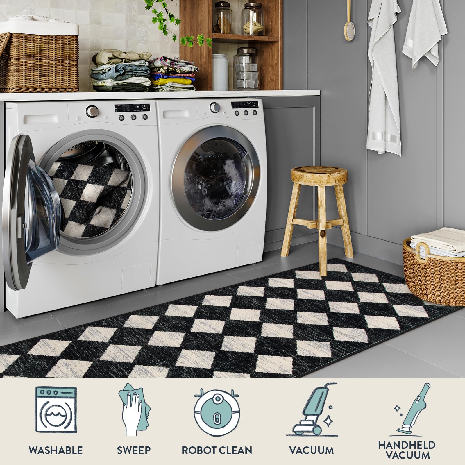 Lahome Washable Black and White Kitchen Runner Rug, 2x5 Soft Non Slip Laundry Room Rug Bathroom Runner Rugs with Rubber Backing, Moroccan Trellis Kid Pet Friendly Carpet Runner for Entryway Bedside