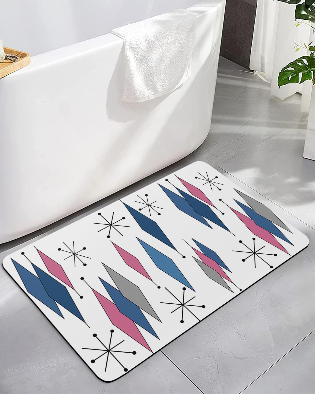 Blue Rose Red Bath Mat for Bathroom Rugs Non Slip, Bath Mat Quick Dry Absorbent Bath Rug, Thin Rubber Backed Easy to Clean, Geometric Middle Century Diamond 18"x30"