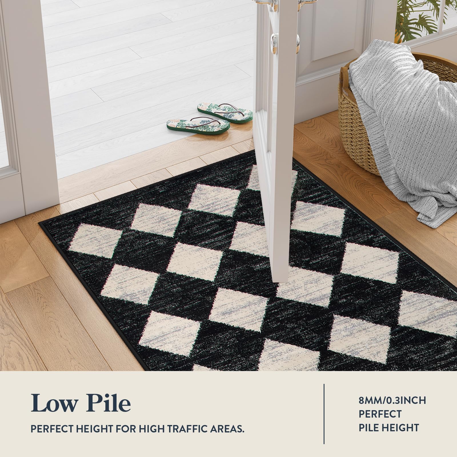 Lahome Washable Black and White Kitchen Runner Rug, 2x5 Soft Non Slip Laundry Room Rug Bathroom Runner Rugs with Rubber Backing, Moroccan Trellis Kid Pet Friendly Carpet Runner for Entryway Bedside