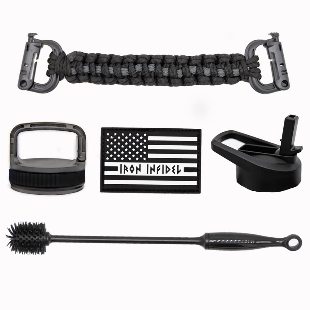 Iron Infidel Battle Bottle Straw Lid & Cleaner Brush Kit - 64 Oz and 32 Oz Water Bottle Lid Replacement with Straw, Wide Mouth Lid, and Long Handle Water Bottle Cleaning Scrub Brush Tool (Black/Grey)
