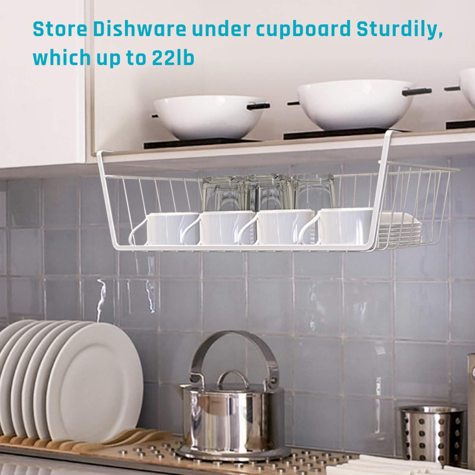 Under Shelf Basket, iSPECLE 6 Pack Hanging Under Shelf Storage Basket Under Cabinet Desk Storage Shelf Organizer Pantry Organization and Storage for Kitchen Pantry Bookshelf, Black