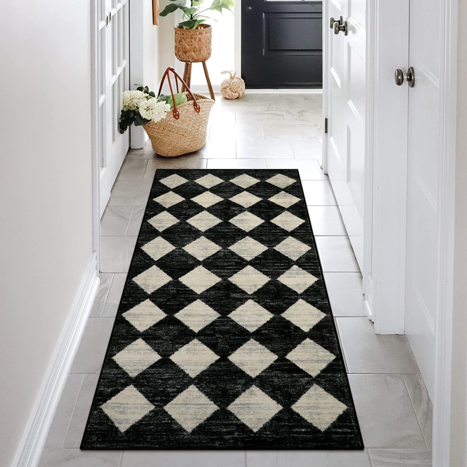 Lahome Washable Black and White Kitchen Runner Rug, 2x5 Soft Non Slip Laundry Room Rug Bathroom Runner Rugs with Rubber Backing, Moroccan Trellis Kid Pet Friendly Carpet Runner for Entryway Bedside
