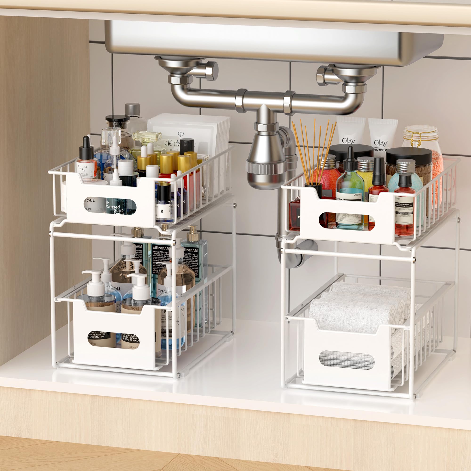 R RUIMEI 2 Set, 2-Tier Under Sink Organizer, Multipurpose Slide-Out Storage Container with Handle, Kitchen Organization and Storage, Bathroom Organization, Pantry Organization, White