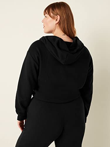 Victoria's Secret PINK Fleece Cropped Cinched Campus Hoodie, Pure Black Blur Script Logo, Medium