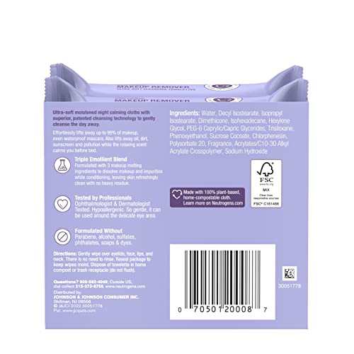 Neutrogena Night Calming Cleansing Makeup Remover Face Wipes, Nighttime Facial Wipes to Remove Dirt & makeup, Leaves Skin Feeling Calm, Alcohol-Free, 100% Plant Based Cloth, 25 ct, Twin Pack