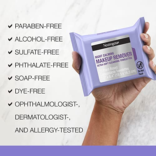 Neutrogena Night Calming Cleansing Makeup Remover Face Wipes, Nighttime Facial Wipes to Remove Dirt & makeup, Leaves Skin Feeling Calm, Alcohol-Free, 100% Plant Based Cloth, 25 ct, Twin Pack