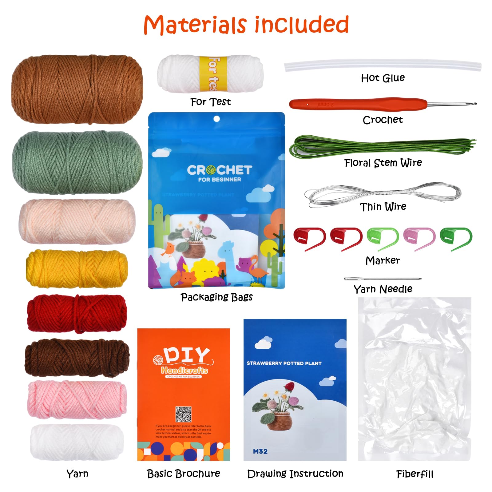 UEIEU Crochet Kit for Beginners - Flower Plants - Crochet Starter Kit，Suitable for Adults Learning Adult Beginner Crochet kit, Step by Step Video Tutorials (Strawberry Flower Potted Plants)