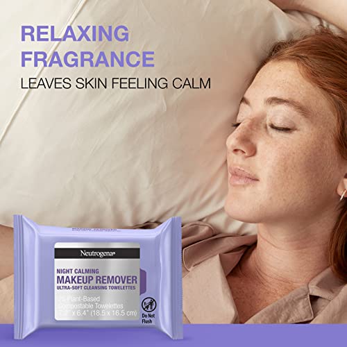 Neutrogena Night Calming Cleansing Makeup Remover Face Wipes, Nighttime Facial Wipes to Remove Dirt & makeup, Leaves Skin Feeling Calm, Alcohol-Free, 100% Plant Based Cloth, 25 ct, Twin Pack