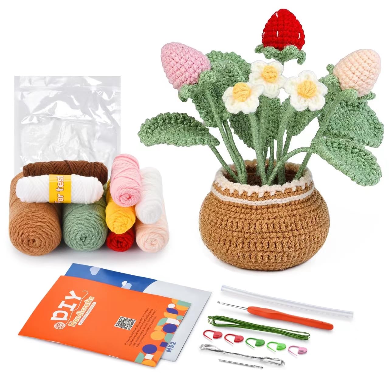 UEIEU Crochet Kit for Beginners - Flower Plants - Crochet Starter KitïŒSuitable for Adults Learning Adult Beginner Crochet kit, Step by Step Video Tutorials (Strawberry Flower Potted Plants)