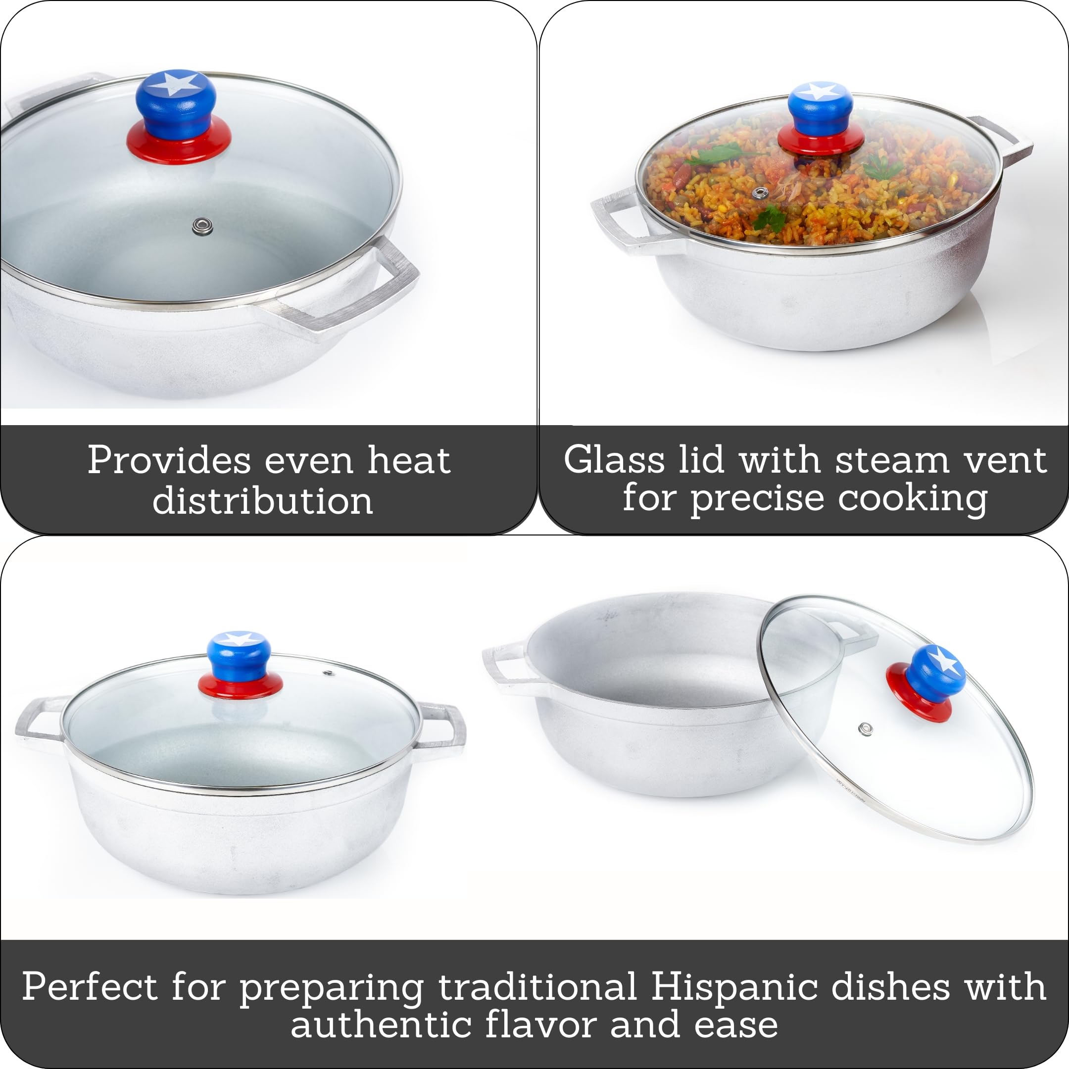 IMUSA USA LIMITED EDITION Puerto Rico"Boricua" themed Caldero 3.7Qt with Glass Lid & Unique Knob,Silver,GAU-80139
