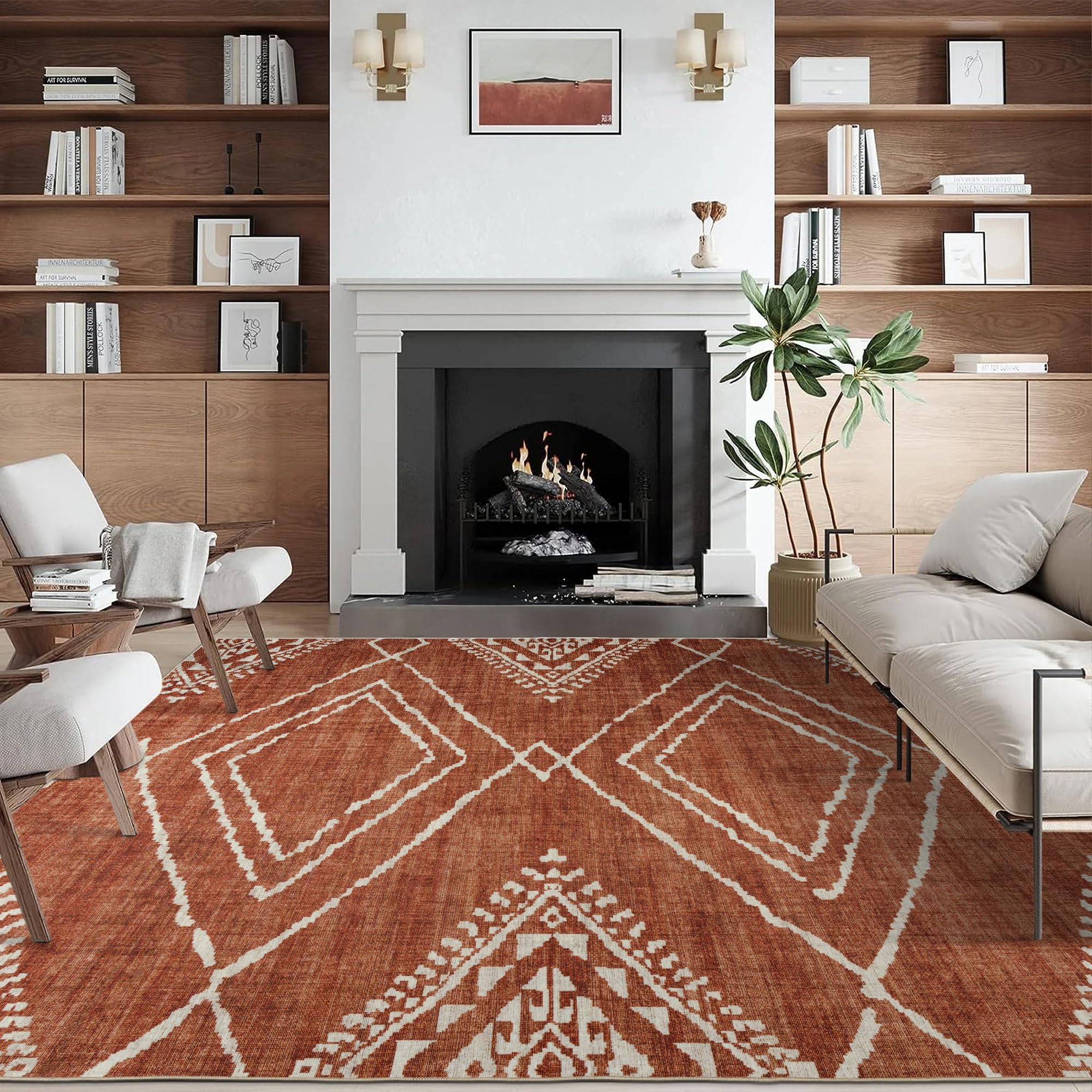 ReaLife Machine Washable Area Rug Runner - Living Room Bedroom Bathroom Kitchen Entryway Office - Padded Low Pile Stain Resistant Premium - Moroccan Diamond Tribal - Jax - Orange 3' x 5'