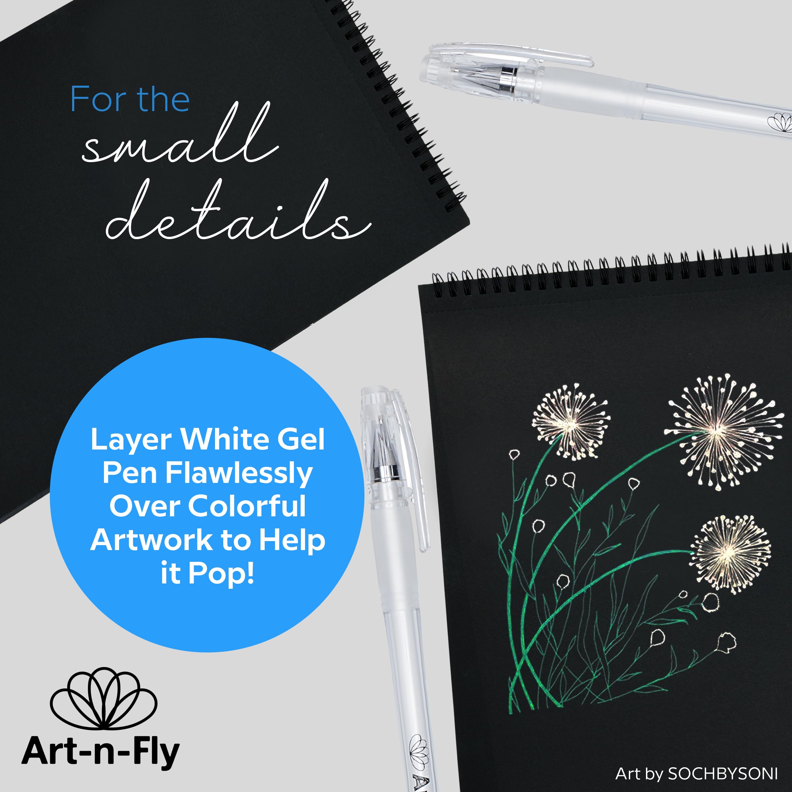 White Gel Pen for Artists 0.7mm Fine Point - Smudge-resistant White Pen for Art Drawing, Sketching & Writing (3pack) - White Ink Pen Highlight Fineliner - Archival Gel Ink - Opaque on Black Paper