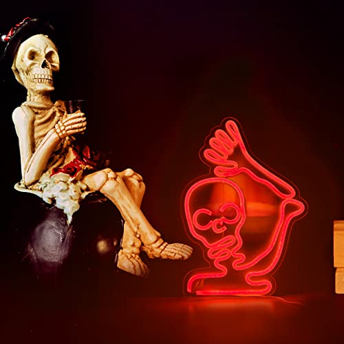 Halloween Skull Neon Sign 16 x12" - Red Beautiful Handmade Halloween Skeleton Led Signs For Room Wall Decor,Cool Led Signs for Halloween Party,Halloween Decorations,Room Windows Décor (Skull)…