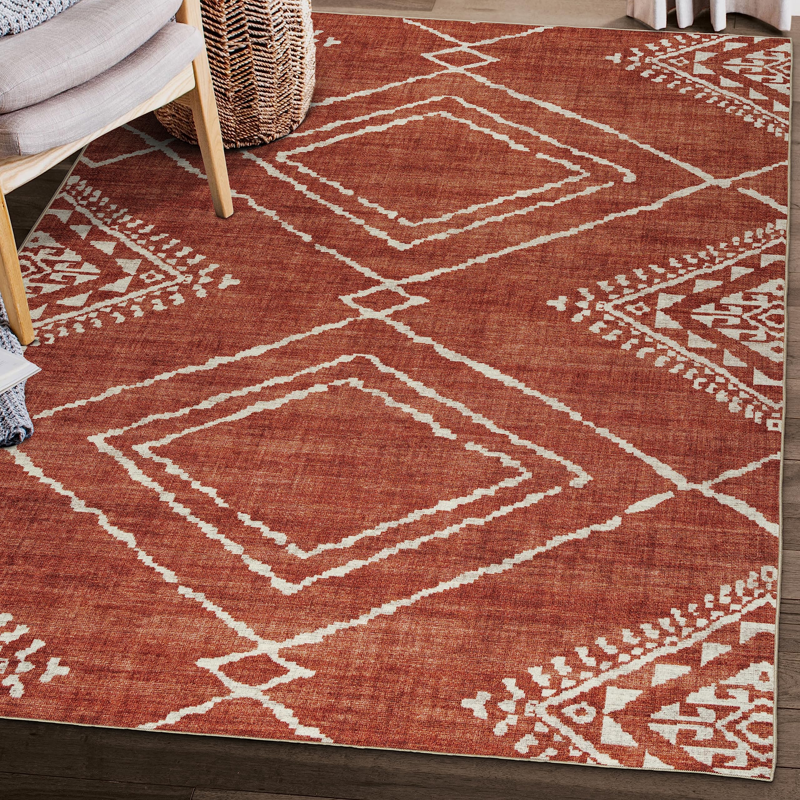 ReaLife Machine Washable Area Rug Runner - Living Room Bedroom Bathroom Kitchen Entryway Office - Padded Low Pile Stain Resistant Premium - Moroccan Diamond Tribal - Jax - Orange 3' x 5'