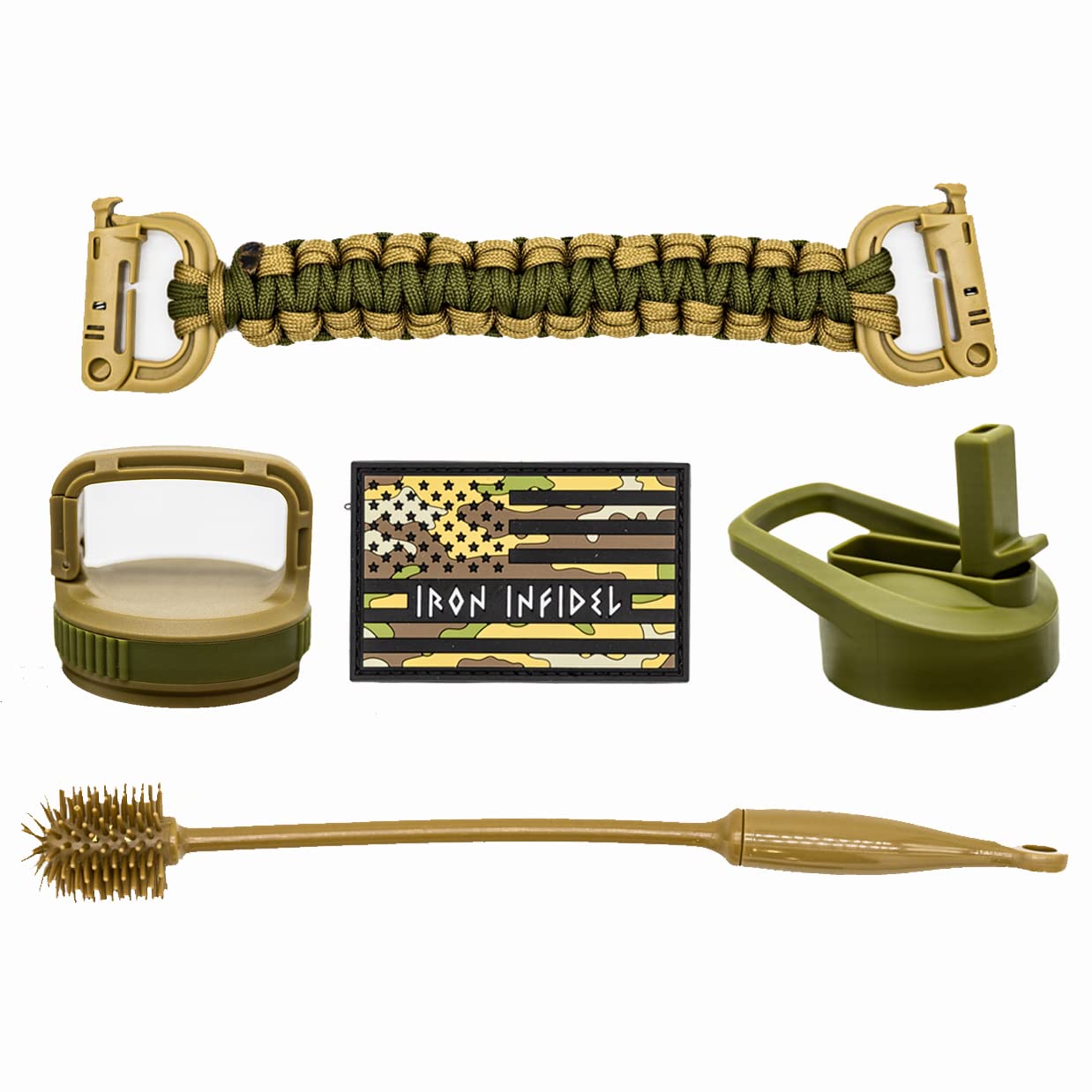 Iron Infidel Battle Bottle Straw Lid & Cleaner Brush Kit - 64 Oz Water Bottle Lid Replacement with Straw, Wide Mouth Lid, and Long Handle Water Bottle Cleaning Scrub Brush Tool (Green/Tan)