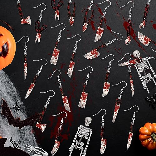 12 Pairs Halloween Earrings for Women Spooky Black Cat Witch Pumpkin Bloody Printed Knife Skull Ghost Spiderweb Boo Spider Drop Dangle Earring for Halloween Jewelry Set (Knife)