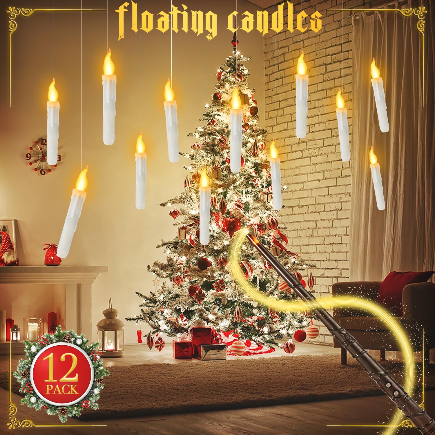Floating Candles 12 Pcs, Halloween Decorations Candles with Magic Wand Remote Control-Battery Operated Flickering Flameless Candles for Halloween Decor, Chrismas Party, Birthday, Wedding, Church