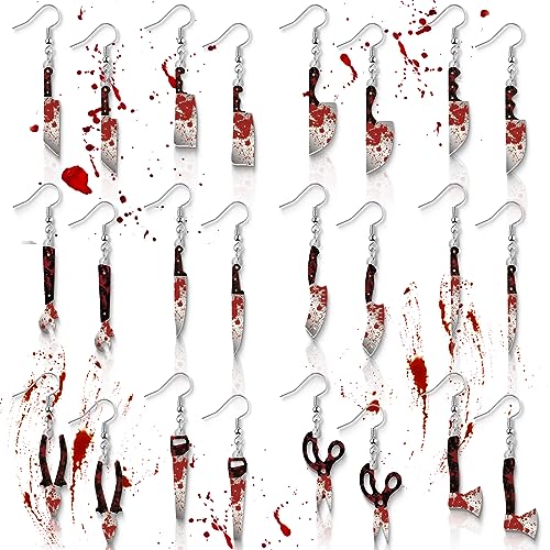12 Pairs Halloween Earrings for Women Spooky Black Cat Witch Pumpkin Bloody Printed Knife Skull Ghost Spiderweb Boo Spider Drop Dangle Earring for Halloween Jewelry Set (Knife)