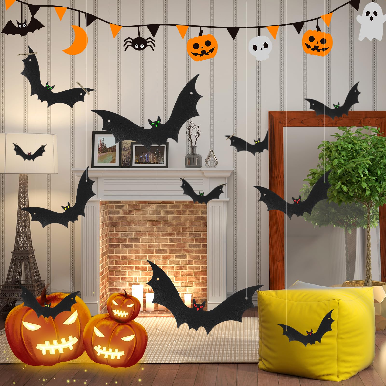 Hanging Bats Halloween Decoration Outside, Plastic Large Flying Bats with Glowing Eyes, Hanging, pasting Two Ways,Halloween Outdoor Tree Yard Porch Decoration Supplies(18 Pcs)