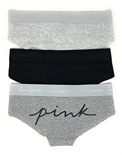 Victoria's Secret PINK Hipster Panty Set of 3 Small Light Gray / Black / Heather Charcoal Logo