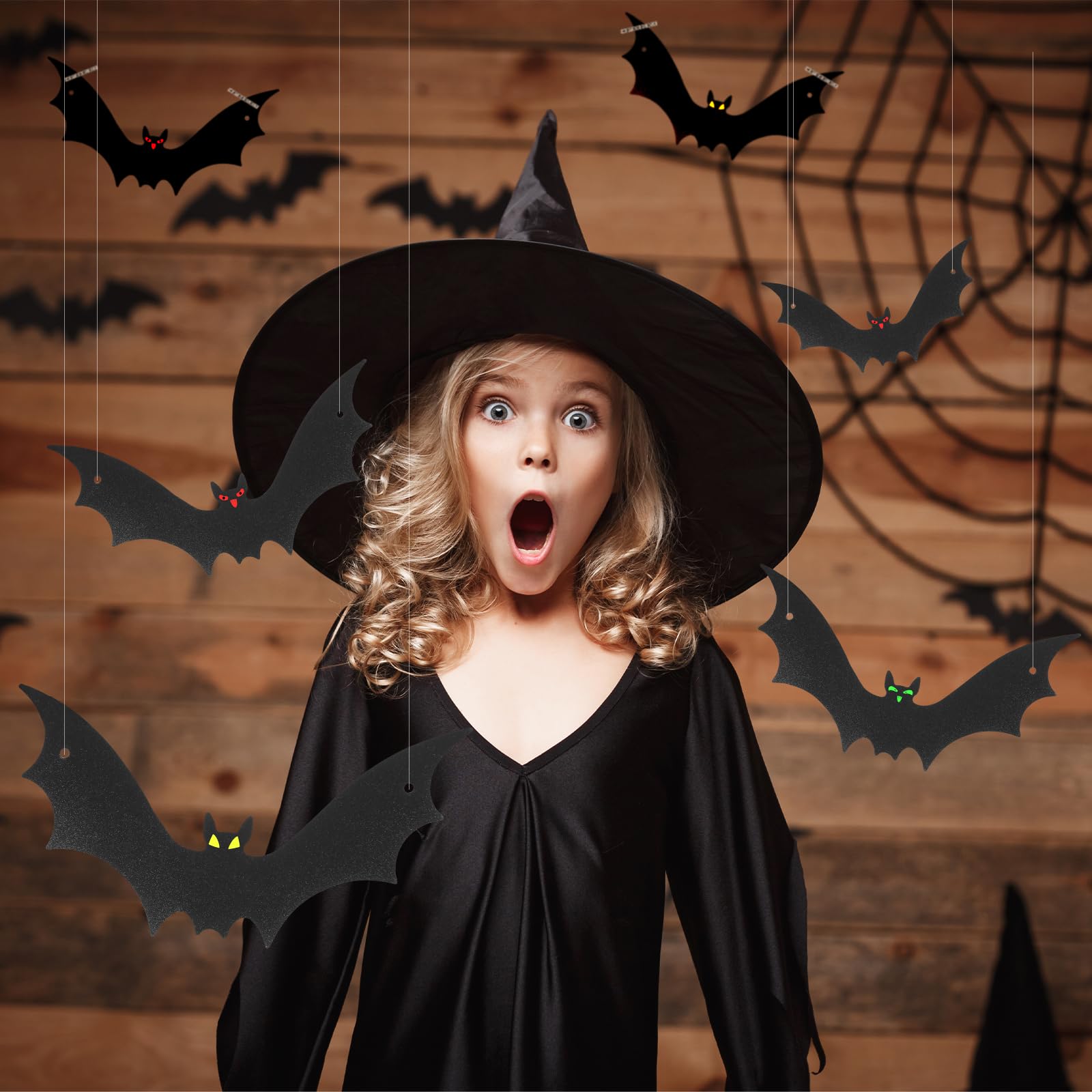 Hanging Bats Halloween Decoration Outside, Plastic Large Flying Bats with Glowing Eyes, Hanging, pasting Two Ways,Halloween Outdoor Tree Yard Porch Decoration Supplies(18 Pcs)