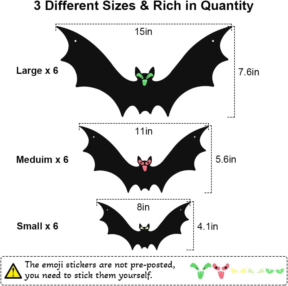 Hanging Bats Halloween Decoration Outside, Plastic Large Flying Bats with Glowing Eyes, Hanging, pasting Two Ways,Halloween Outdoor Tree Yard Porch Decoration Supplies(18 Pcs)