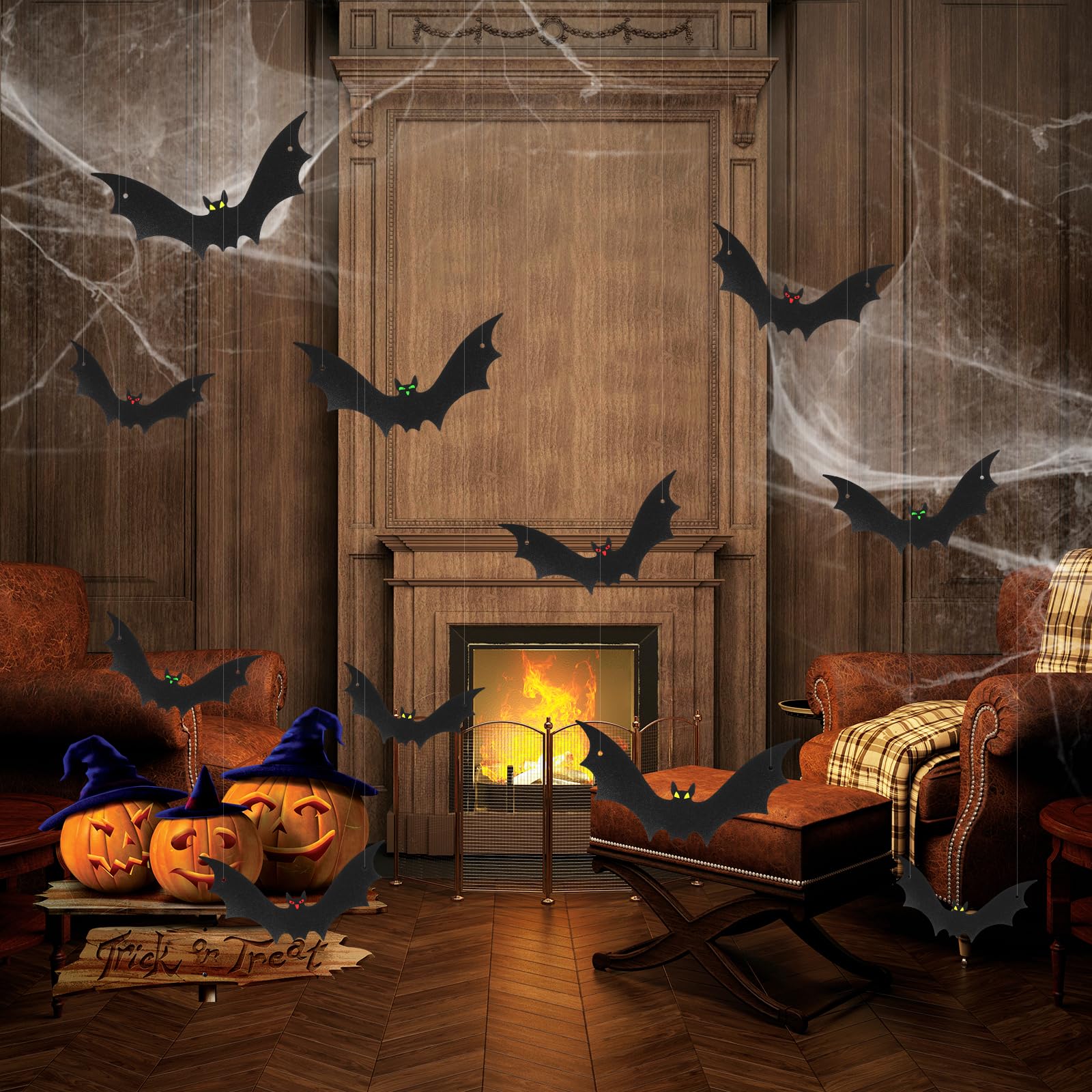 Hanging Bats Halloween Decoration Outside, Plastic Large Flying Bats with Glowing Eyes, Hanging, pasting Two Ways,Halloween Outdoor Tree Yard Porch Decoration Supplies(18 Pcs)