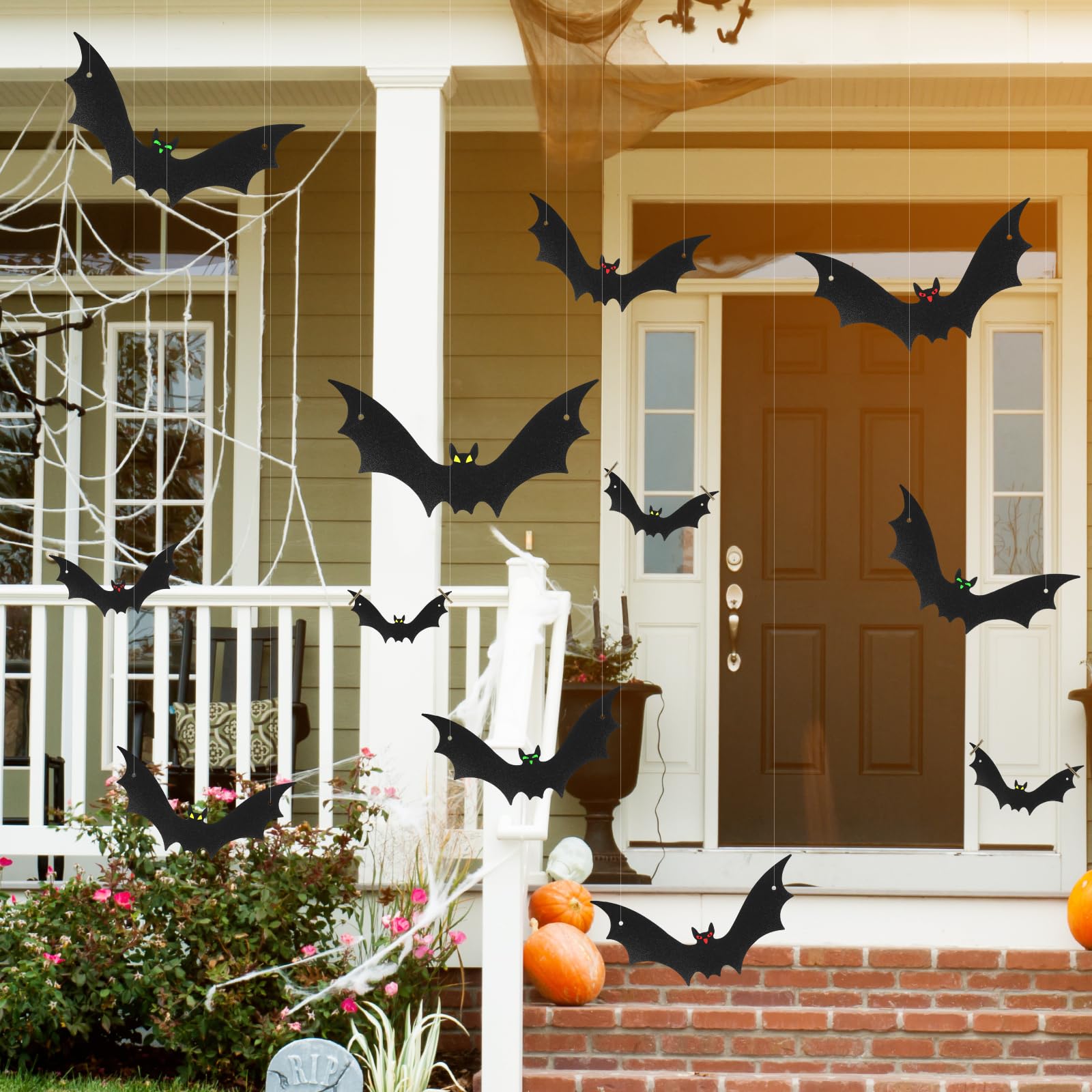 Hanging Bats Halloween Decoration Outside, Plastic Large Flying Bats with Glowing Eyes, Hanging, pasting Two Ways,Halloween Outdoor Tree Yard Porch Decoration Supplies(18 Pcs)