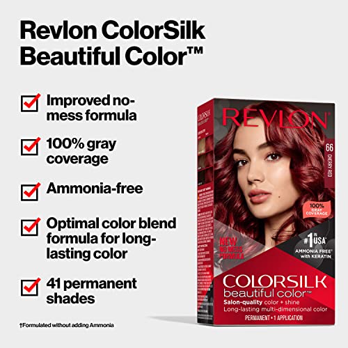 Permanent Hair Color by Revlon, Permanent Black Hair Dye, Colorsilk with 100% Gray Coverage, Ammonia-Free, Keratin and Amino Acids, Black Shades, 10 Black (Pack of 3)