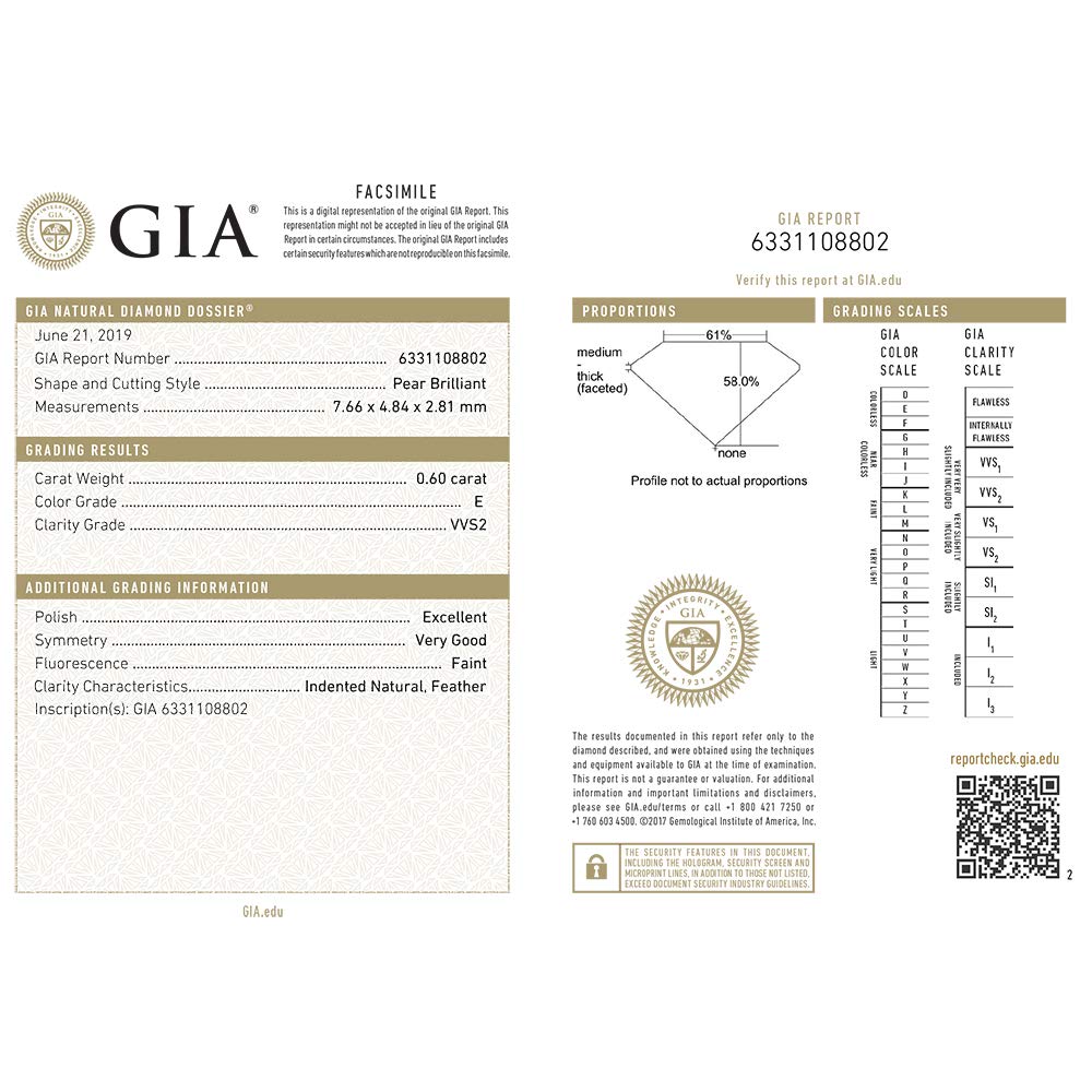 Diamond Engagement Rings for Women GIA Certified Pear Cut Solitaire Diamond Ring 18K White Gold 1.10 carat (D,VVS) (RS 75)