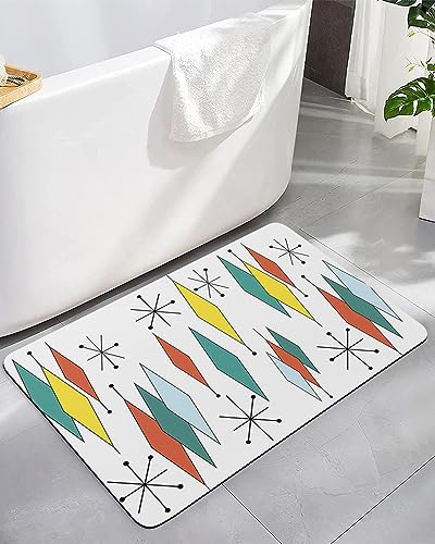 Middle Century Diamond Bath Mat for Bathroom Rugs Non Slip, Bath Mat Quick Dry Absorbent Bath Rug, Thin Rubber Backed Easy to Clean, Teal Yellow Orange Geometry 16"x24"