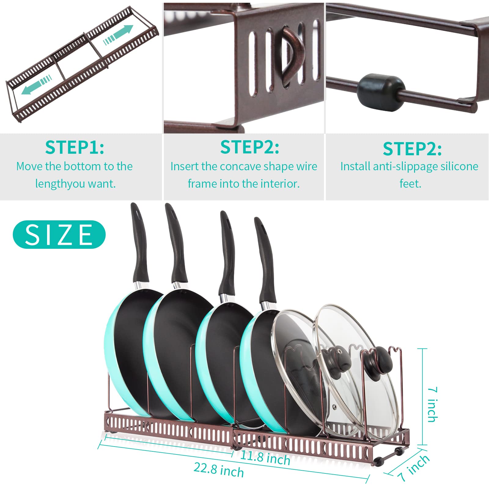 Drengdrau Expandable Pots and Pans Organizer Rack, Adjustable Pot Lid Organizer Holder, Cutting Board Organizer with 10 Dividers for Kitchen Counter Cabinet Bakeware Organizer, Bronze